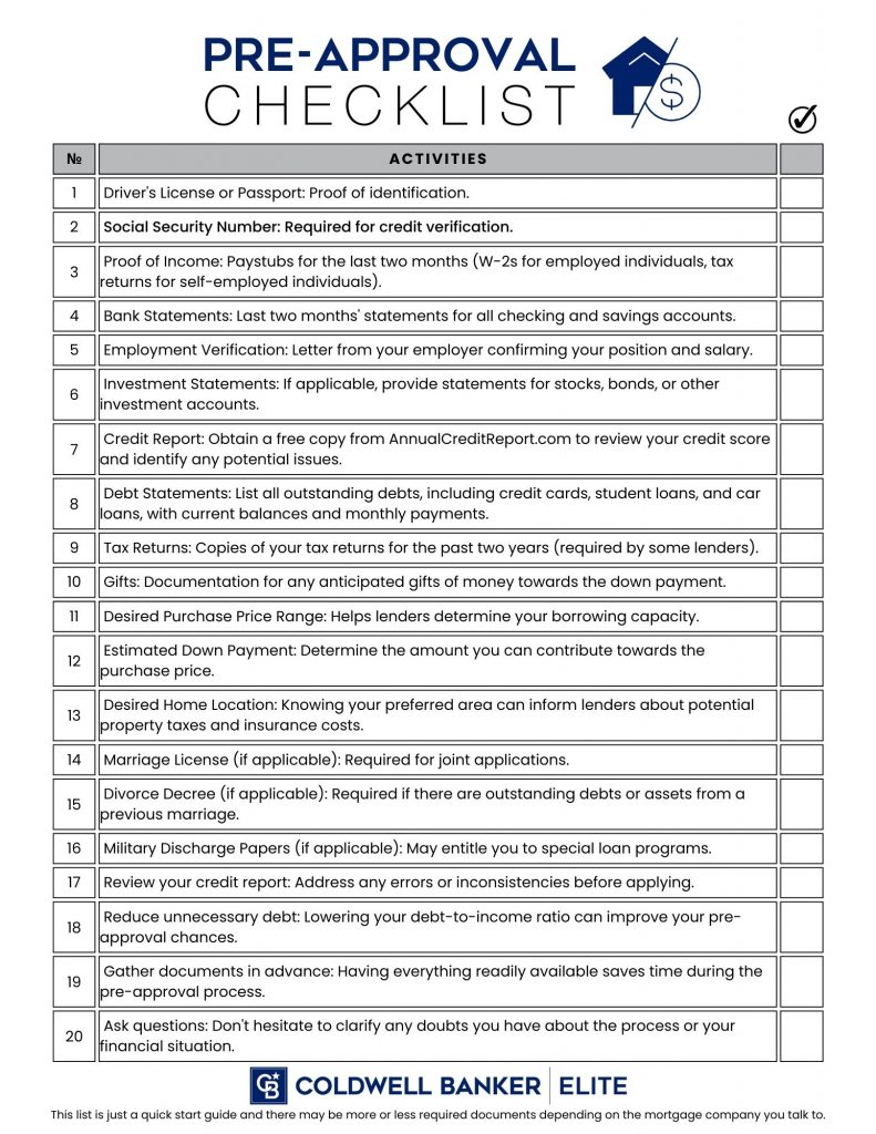 Coldwell Banker Elite Home Loan Pre-Approval Checklist - Coldwell ...